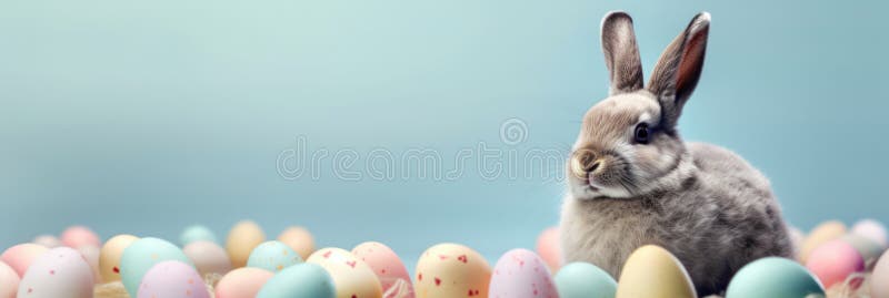 Easter Banner Header with Copy Space. Easter Bunny and Eggs on a Blue ...