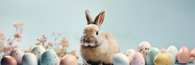 Easter Banner Header with Copy Space. Easter Bunny and Eggs on a Blue ...