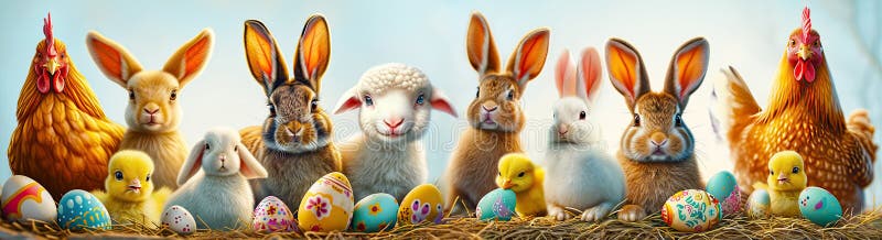 Easter Banner with Rabbits, Lamb, Baby Chick, and Hen with a Colorful ...