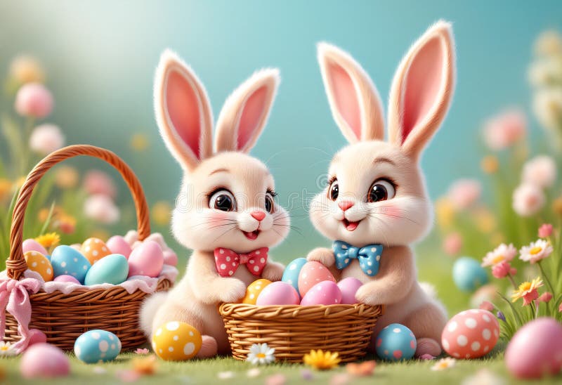 Easter Banner of Two Cartoon Easter Bunnies with a Basket with Easter ...