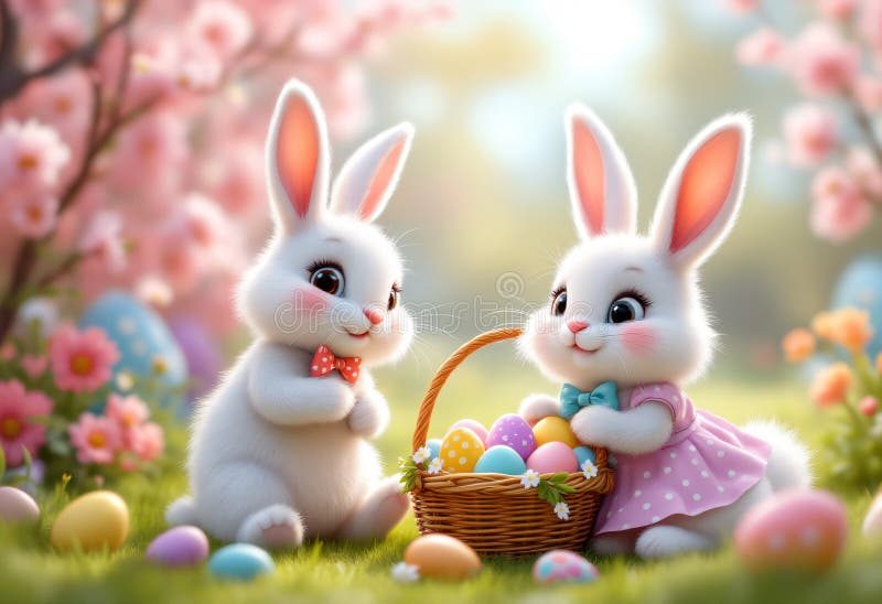Easter Banner of Two Cartoon Easter Bunnies Stock Illustration ...
