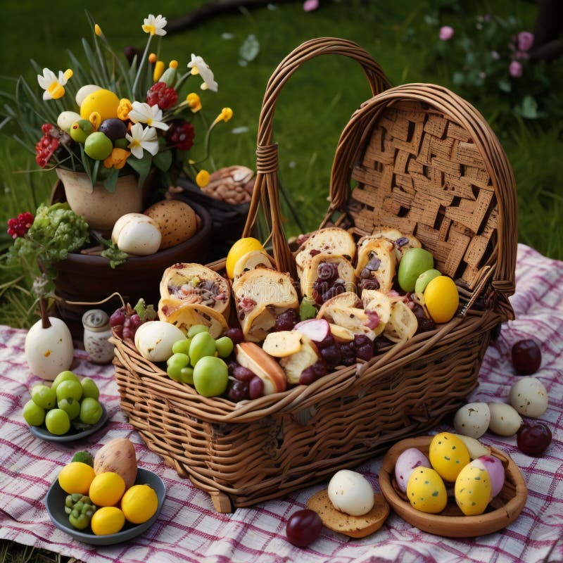 Easter Basket with Bread, Eggs and Fruits on a Green Grass. Generative ...