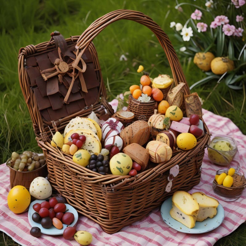 Easter Basket with Cheese, Grapes, Fruits and Wine on Grass. Generative ...