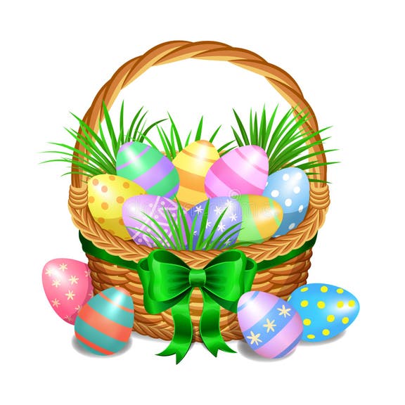 Easter Basket with Color Painted Easter Eggs on White Stock Vector ...