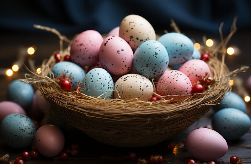 An Easter Basket with Colored Eggs in it Stock Image - Image of nest ...