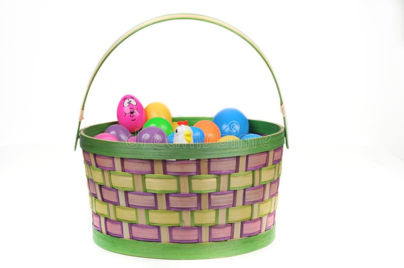 Easter Basket with Colored Eggs and Hen Stock Photo - Image of plastic ...