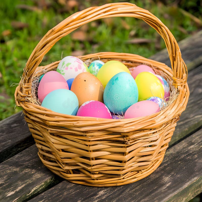 Easter Basket with Colored Easter Eggs with Spring Flowers at the Back ...