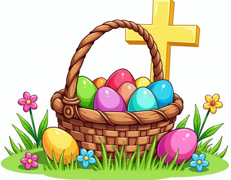 Easter Basket with Cross and Colorful Eggs Stock Illustration ...