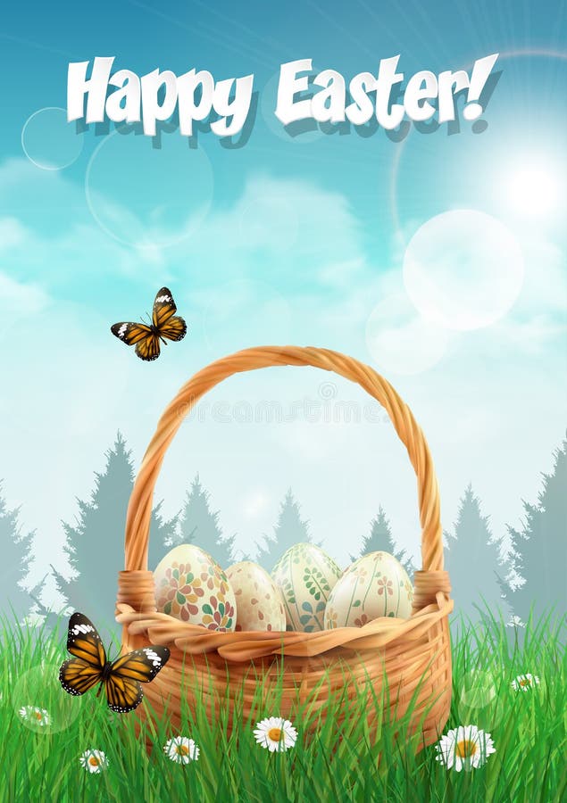 Easter Basket with Easter Eggs on a Field, Realistic Easter Card Stock ...