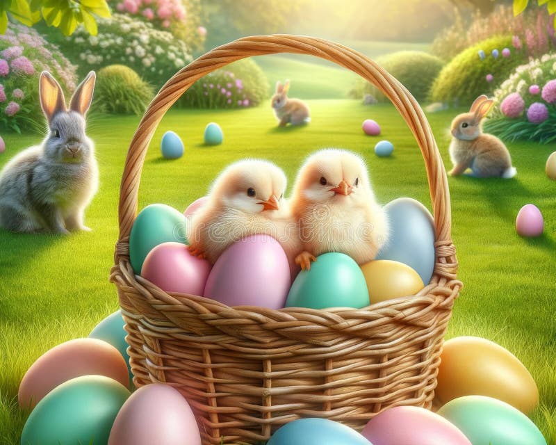 Easter Basket Eggs Bunny Chicks Backyard Hunt Spring Pastel Colors AI ...