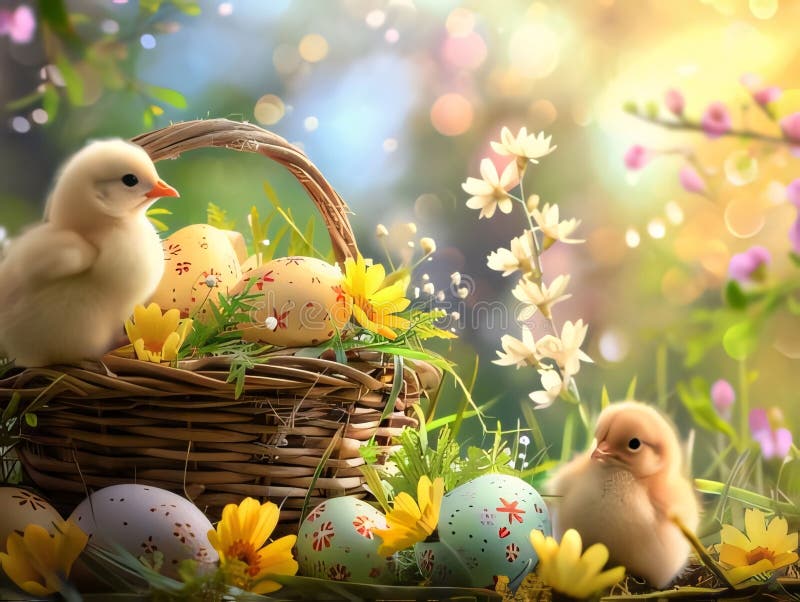 Easter Basket with Easter Eggs and Chickens on Nature Background Stock ...