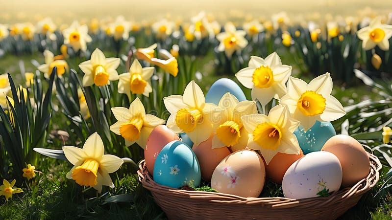 Easter Basket with Eggs and Daffodils in a Sunny Field Stock Illustration - Illustration of ...