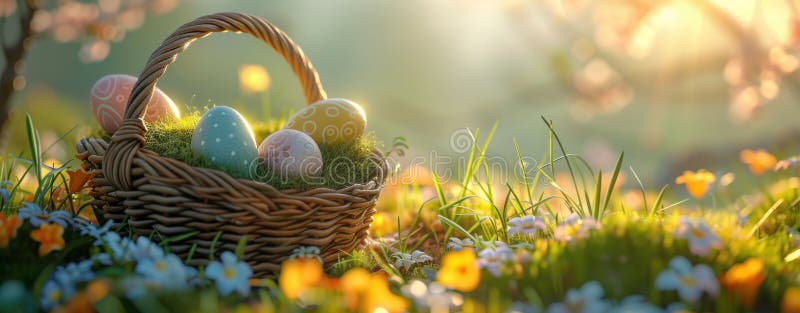Easter Basket with Eggs on the Grass, Sunrays Shine upon it Stock Photo ...
