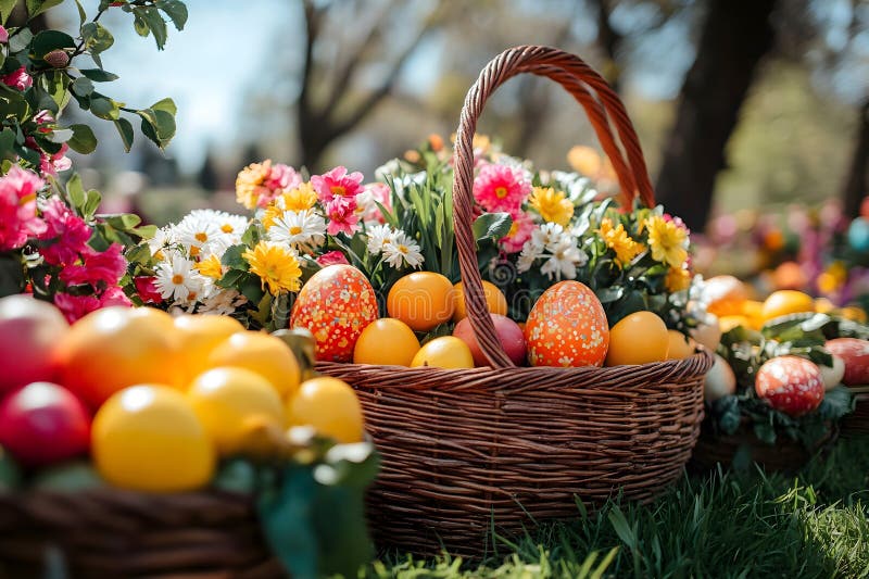 Easter Basket with Vibrant Spring Flowers and Eggs Stock Image - Image ...