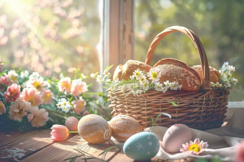 Easter Basket with Freshly Baked Bread and Pastel Eggs on Rustic Table ...