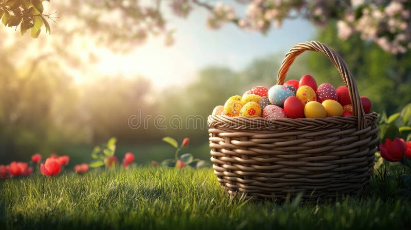 Easter Basket Scene, a Basket of Easter Treats on a Meadow, Beneath ...