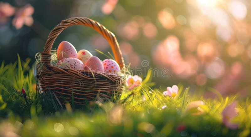 Easter Baskets with Eggs on the Grass, Vibrant Stage Backdrops Stock Image - Image of easter ...