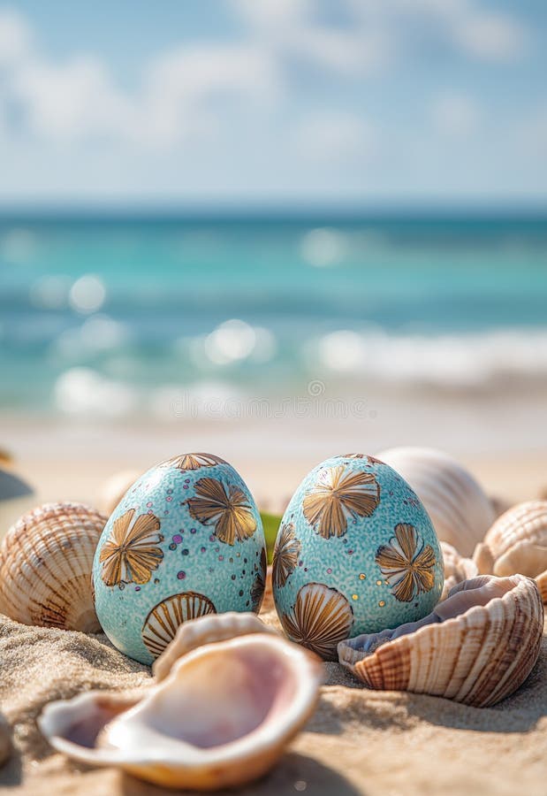 Easter on the Beach. Colorful Easter Eggs Rest among Seashells on a ...