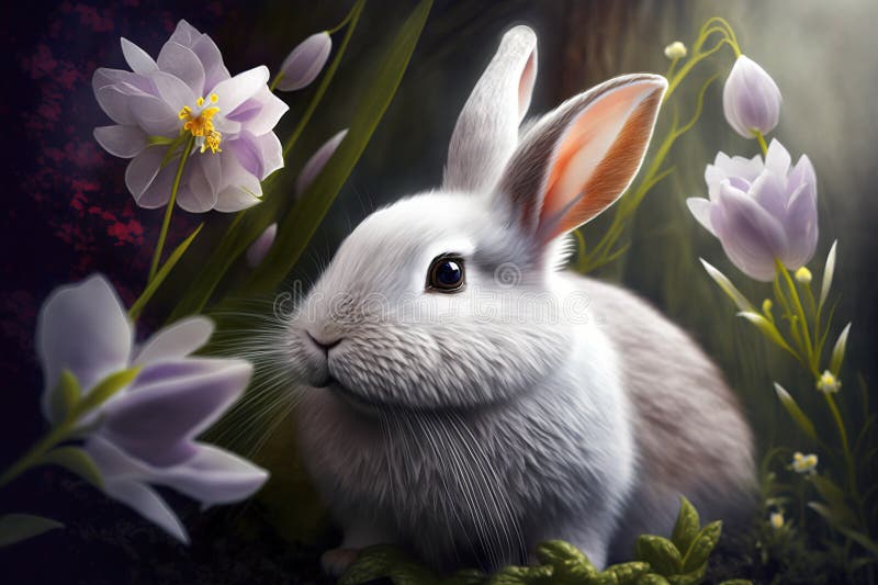 Easter Beautiful Fluffy Rabbit in the Grass in Spring among Flowers. AI ...