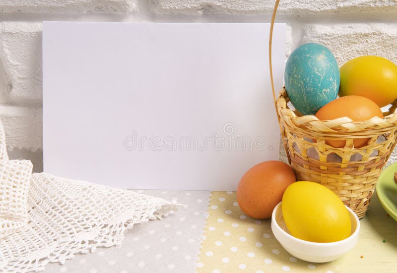 Easter Blank Card with Basket with Colored Eggs Stock Photo - Image of ...