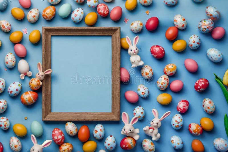 Easter Blue Background with a Frame for Text and Eggs Around the Frame ...