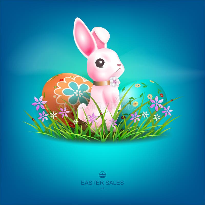 Easter Blue Design with Eggs and Cute Pink Bunny, Isolated Design ...