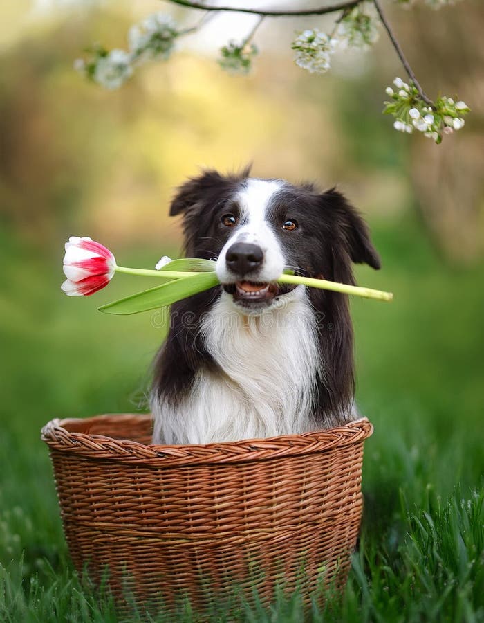 Easter Border Collie Easter Eggs and Tulips in Basket in Field Stock ...
