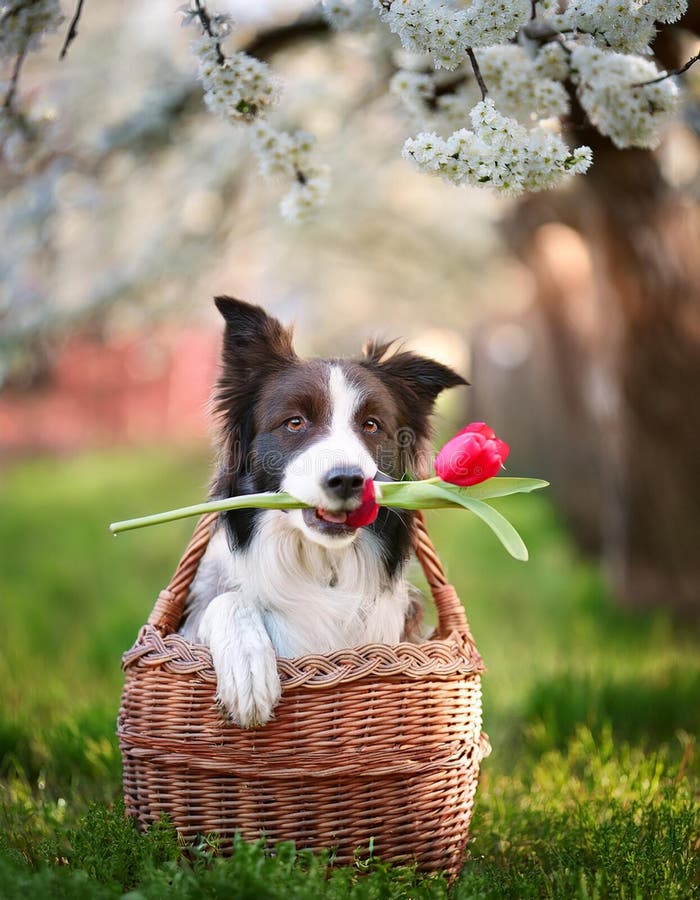 Easter Border Collie and Tulips in Basket in Field Stock Image - Image ...