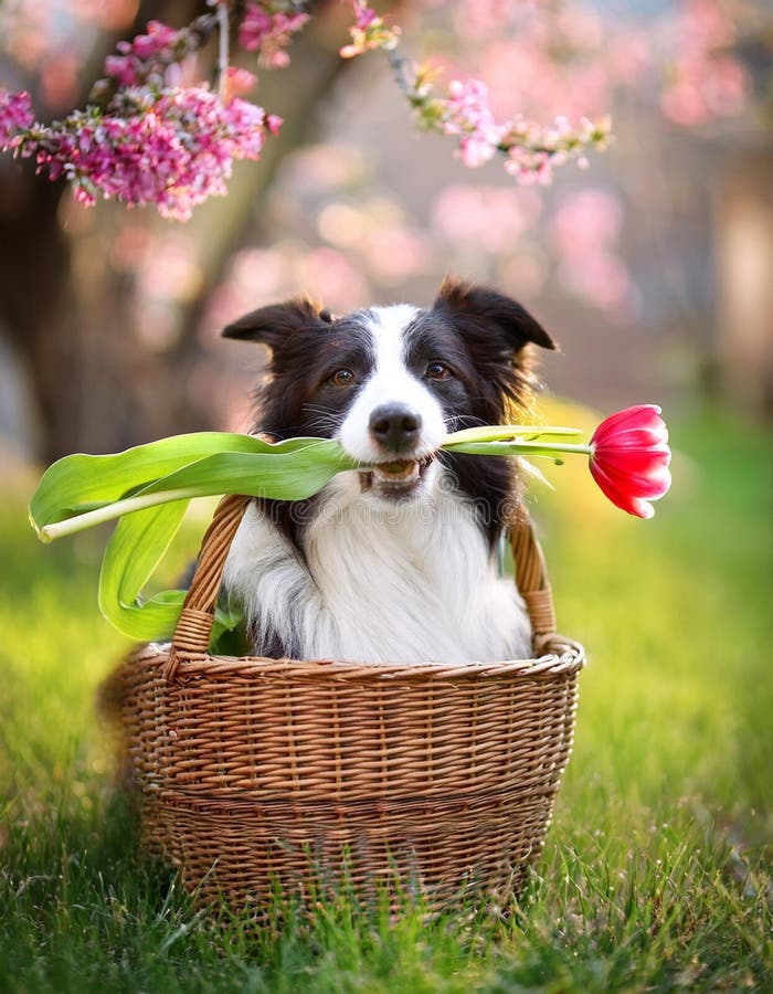 Easter Border Collie and Tulips in Basket in Field Stock Photo - Image ...