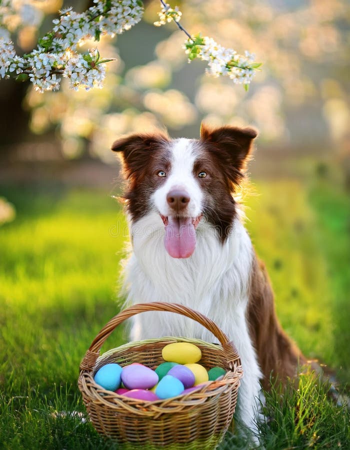 Easter Border Collie Easter Eggs and Tulips in Basket in Field Stock ...
