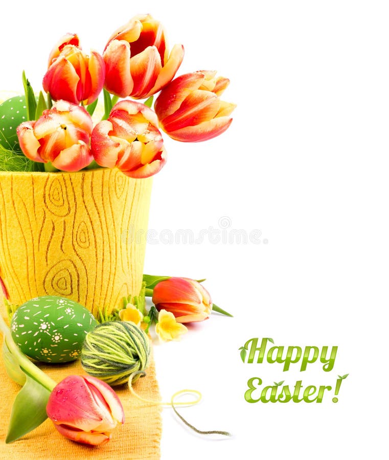 Easter Border with Tulips and Easter Eggs Isolated on White Stock Image ...