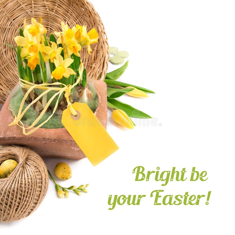 Easter Border with Yellow Tulips and Daffodils, Text Space Stock Photo ...