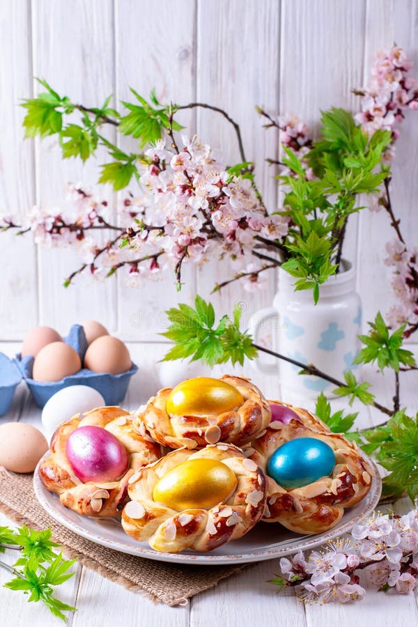 Easter bread buns with egg stock image. Image of flowers - 169027589
