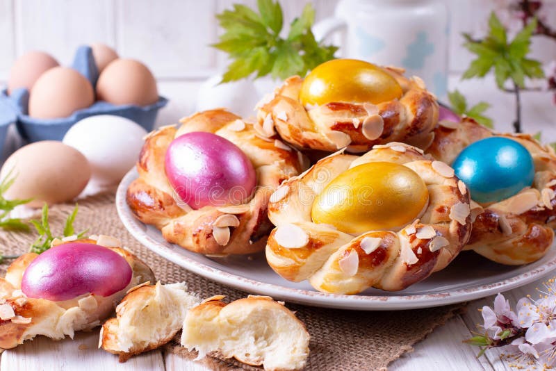 Easter bread buns with egg stock photo. Image of kitchen - 169027586