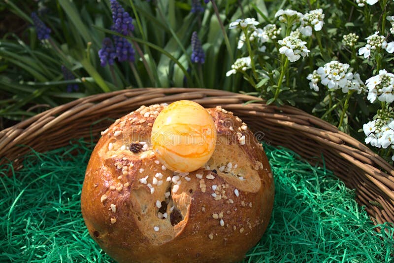 Easter Bread in Front of Beautiful Spring Flowers Stock Photo - Image ...
