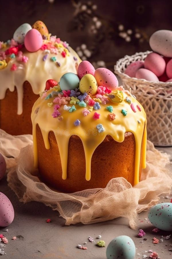 Easter Bread Kulich with Eggs, Icing and Sprinkles. Generative AI Stock ...
