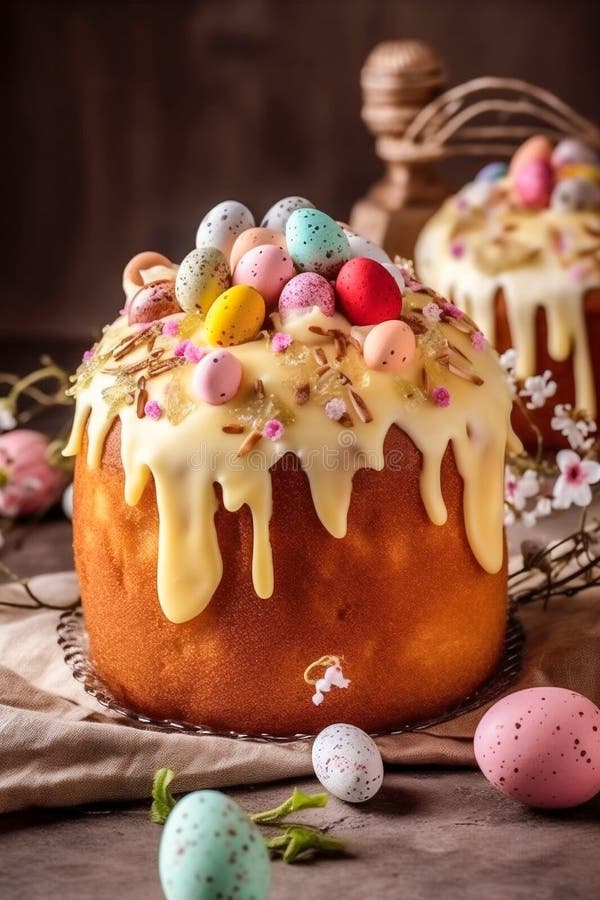 Easter Bread Kulich with Eggs, Icing and Sprinkles. Generative AI Stock ...