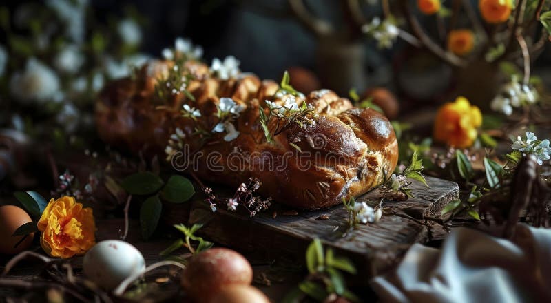 Easter Bread with Spring Flowers and Eggs Stock Illustration ...