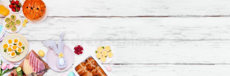 Easter Breakfast or Brunch Corner Border. Above View on a White Wood ...