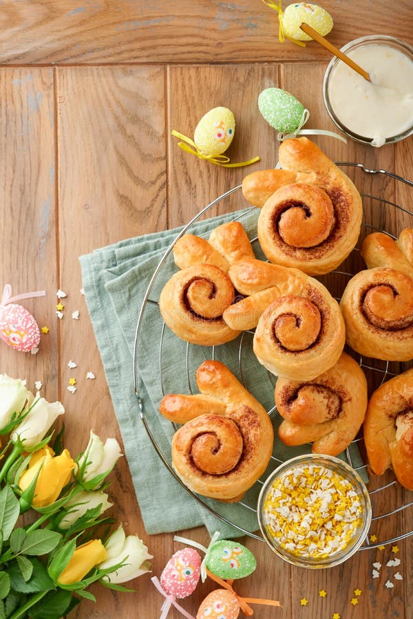 Easter Breakfast Holliday Concept. Easter Bunny Buns Rolls with ...