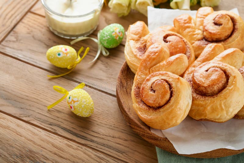Easter Breakfast Holliday Concept. Easter Bunny Buns Rolls with ...