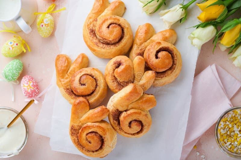Easter Breakfast Holliday Concept. Easter Bunny Buns Rolls with ...