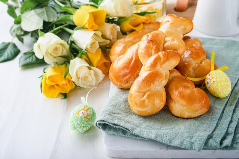 Easter Breakfast Holliday Concept. Easter Bunny Buns Rolls with ...