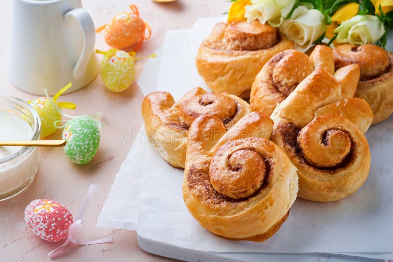 Easter Breakfast Holliday Concept. Easter Bunny Buns Rolls with ...