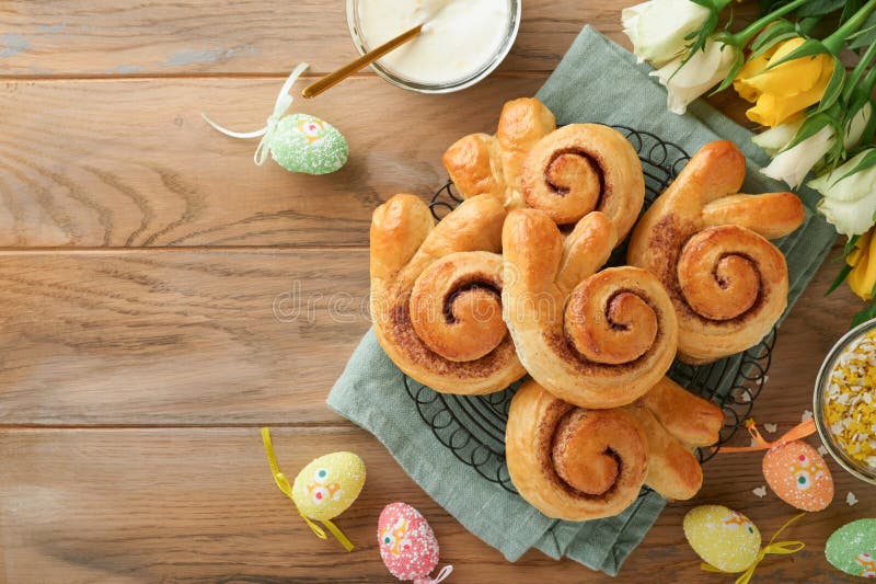 Easter Breakfast Holliday Concept. Easter Bunny Buns Rolls with ...