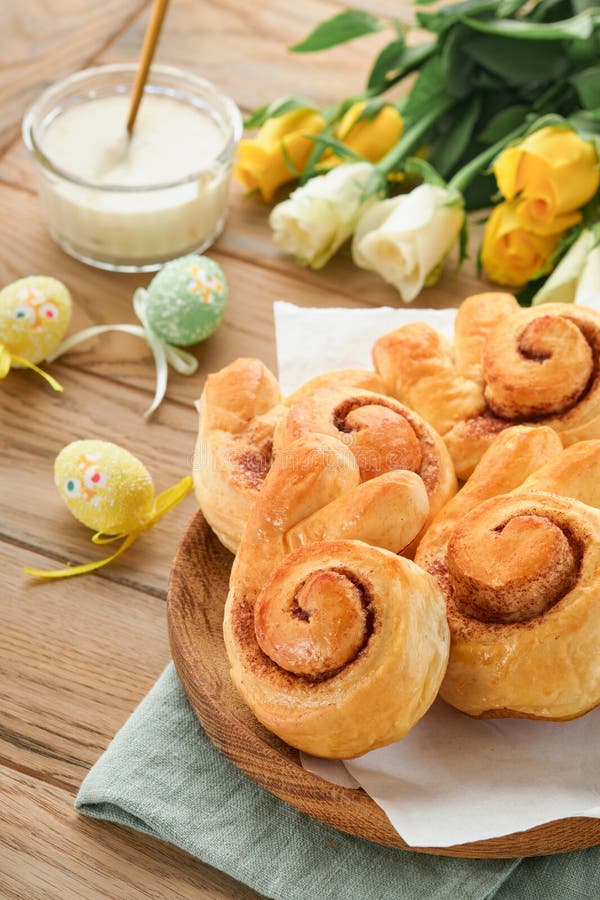 Easter Breakfast Holliday Concept. Easter Bunny Buns Rolls with ...