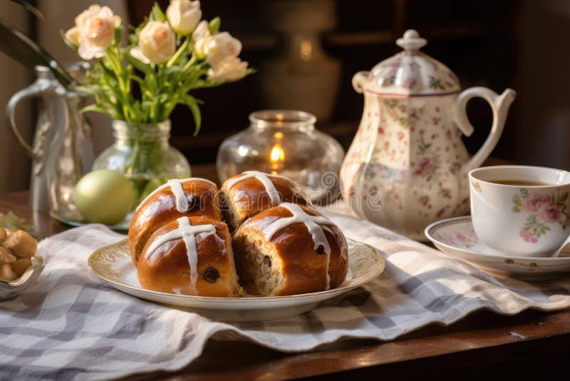 Easter Breakfast with Hot Cross Buns on the Table with a Mug of Tea ...