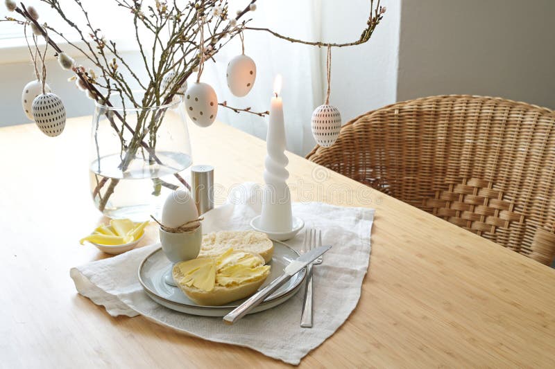 Easter Breakfast for One, Patterned Eggs Hanging on Spring Branches ...