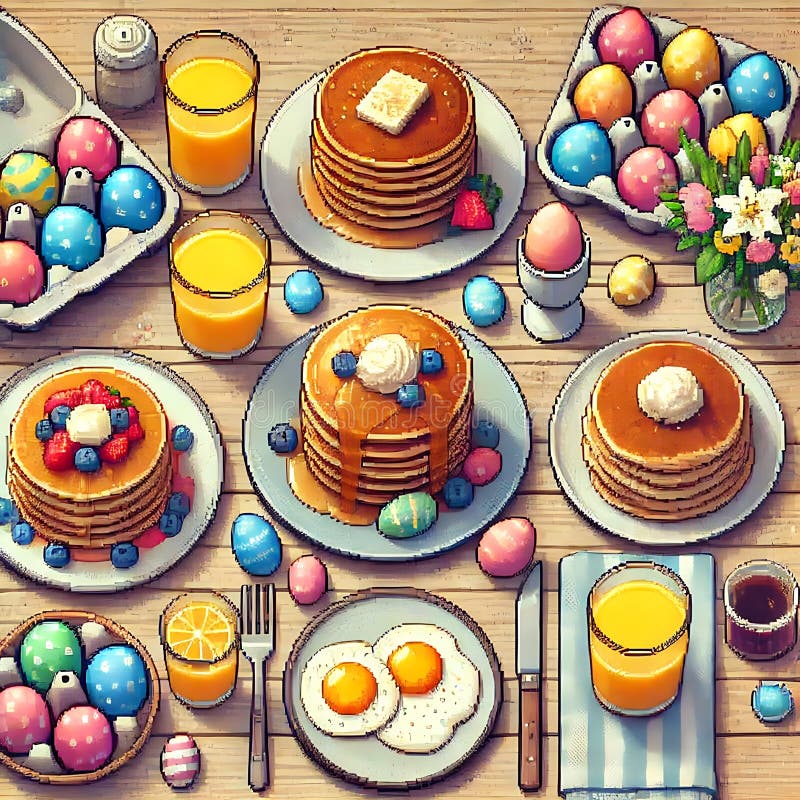 Easter Breakfast with Pancakes, Painted Eggs, and Fresh Juice in Pixel ...