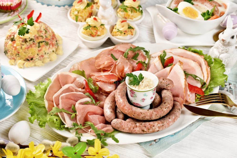 Easter Breakfast with a Plate of Cold Cuts, Deviled Eggs and Vegetable ...